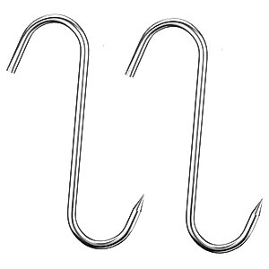 ALAZCO 2pc 9" Heavy Duty & Thick Stainless Steel Meat Processing Butcher Hook - Wild Game, Smoking Ribs BBQ Large Fish, Hunting, Carcass Deer Hanging S-Hook Excellent Quality 9mm Thick