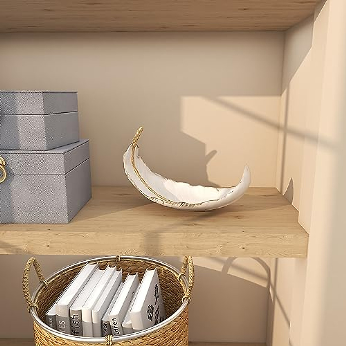 CosmoLiving by Cosmopolitan Polystone Bird Curved Feather Decorative Bowl with Distressed Gold Accents, 13" x 8" x 8", White, SMALL SIZE