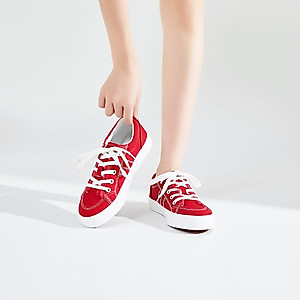 Obtaom Women Red Canvas Fashion Sneakers Cute Lace up Canvas Shoes Low Top washed Canvas Flat for lady(Red,US10)