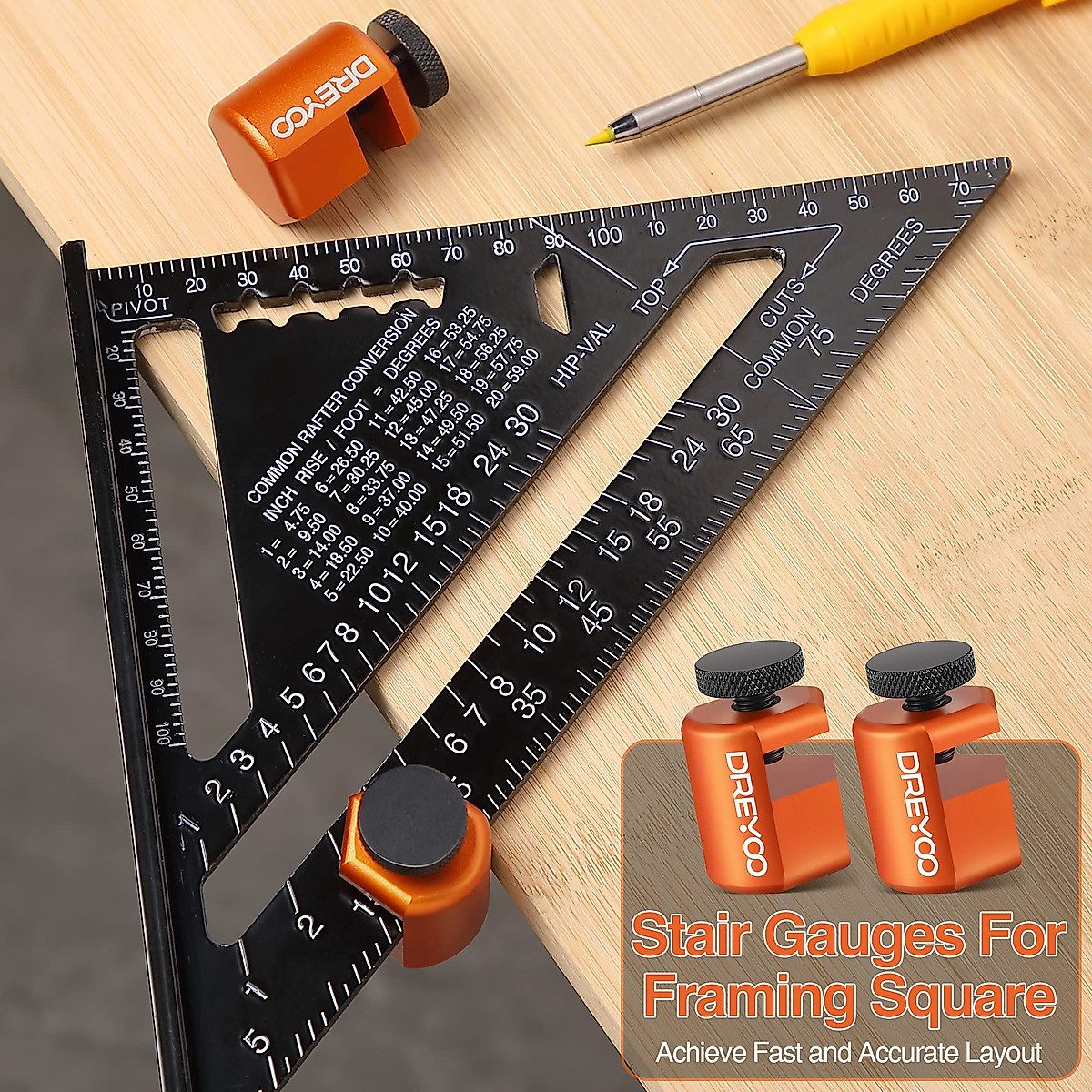 Dreyoo Tall Stair Gauges for Framing Square Anodized Framing Square Attachments for Circular Saw Metal Stair Stringer Layout Tool for Carpentry Square Rafter Gauge Clamps and Marking Repetitive Angles