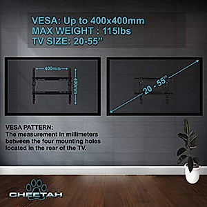 Cheetah APTMSB TV Wall Mount for 20-55” TVs up to VESA 400 and 115lbs, and fits 16” Wall Studs, and Includes a Tilt TV Bracket, a 10’ Twisted Veins HDMI Cable and a 6” 3-Axis Magnetic Bubble Level