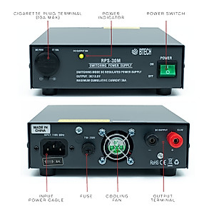 BTECH RPS-30M 30 Amp Compact Regulated Bench Power Supply - 13.8V AC-to-DC Converter with Screw Terminals & Cigarette Plug Output