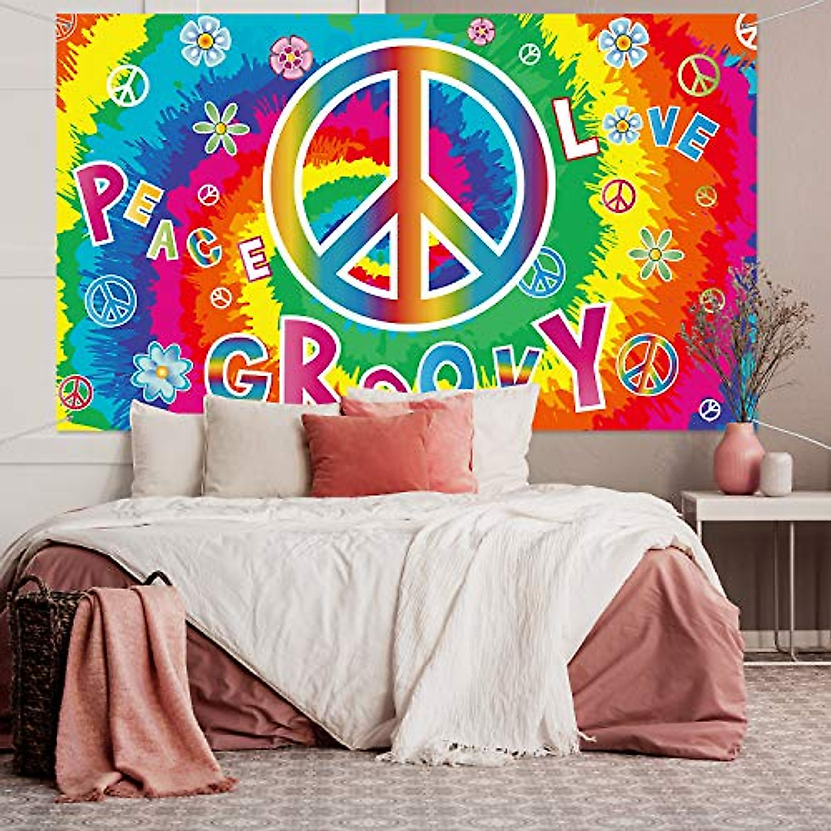 60's Carnival Groovy Decoration Banner Hippie Theme Party Photography Background 60's Party Scene Setters Groovy Wall Decoration Kit Peace and Love for Large Party Supplies 72.8 x 43.3 Inch