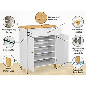 Tribesigns Shoe Cabinet for Entryway, 5-Tier Modern Shoe Rack with Doors and Drawer, Wooden Shoe Storage Cabinet with Adjustable Shelves, Freestanding Shoe Organizer for Hallway Closet Bedroom(White)