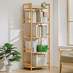 MoNiBloom Bamboo 5 Tier Bookshelf Bookcase Shelf Storage Organizer, Free-Standing Utility Plant Flower Rack for Living Room Office Bedroom Kitchen, Natural