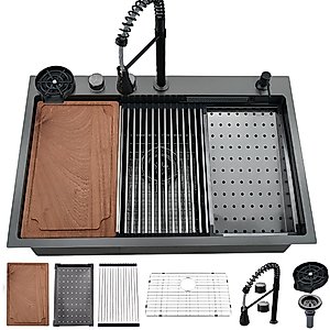 WMXQX 33 Inch Black Waterfall Kitchen Sink with Faucet Combo, 33x22 Waterfall Drop In Kitchen Sink Workstation 16 Gauge Stainless Steel Smart Double Waterfall Sink Single Bowl Kitchen Sink with Faucet