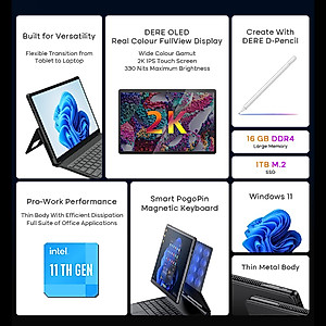 Docooler T30Pro 13-inch 2K IPS Touch Screen Tablet Laptops - 16GB RAM 512G-1T SSD Office Learning Computer with D-Pencil Ultrabook Windows 11, Rich Ports, Webcam(Front/Back) for Meeting Office Study