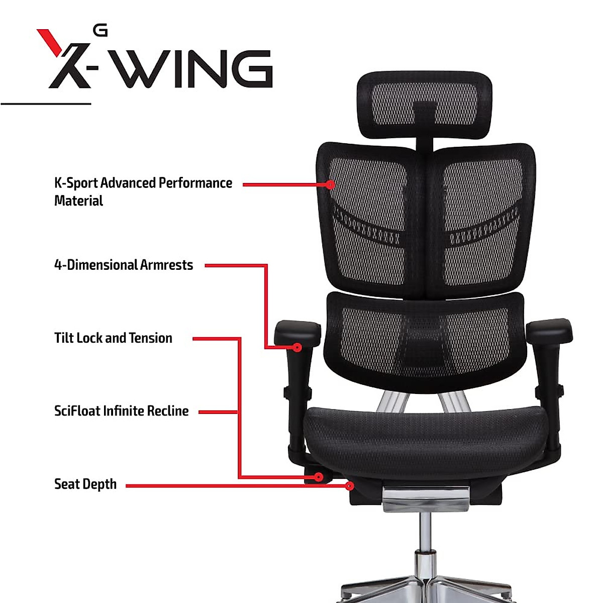 X-Chair XG-Wing Management Task Chair, Black K-Sport Mesh Fabric with Headrest - Ergonomic Office Seat/Split-Back Design/Dynamic Variable Lumbar Support/Floating Recline/Perfect for Long Work Days