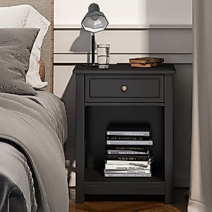 Treocho Black Nightstand X-Design, Modern Bedside Table with Drawer Storage Shelf, End Side Table for Bedroom