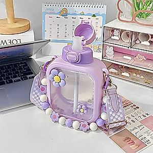 Kawaii Water Bottle for Girls Cute Water Bottles with Straw, Portable Leak Proof Square Kawaii Water Bottle with Stickers and Adjustable Strap - for Outdoor Sports Travel, BPA-Free, 24oz (Purple)