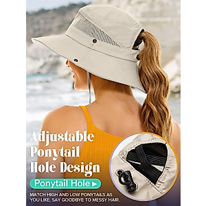 Sun Hat with Ponytail Hole for Women,Sun UV Protection UPF50+ Waterproof Beach Bucket Safari Hiking Hat for Women Beige
