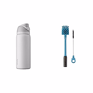 Owala FreeSip Insulated Stainless Steel Water Bottle with Straw for Sports and Travel, BPA-Free, 32-Ounce, Shy Marshmallow & 2-in-1 Water Bottle and Straw Cleaning Brush, Smokey Blue
