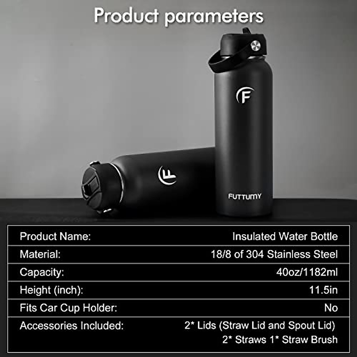 Futtumy Stainless Steel Water Bottle with Straw, 40oz Water Bottle with Spout Lid and Straw Lid, Double Wall Vacuum Insulated Water Bottle, Thermal Bottle for Sports, Travel, School, Gym (Black)