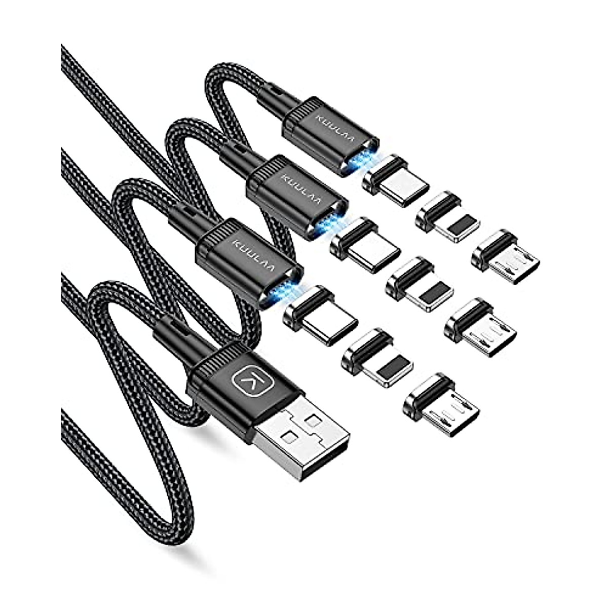 Kuulaa 3Pack Magnetic Charging Cable USB C,3A Fast Charging/Data Transmission with 3 in 1 Charging Tips Nylon-Braided Phone Cable Compatible for iProduct/Type C/Micro Device(3.3ft/3.3ft/3.3ft)