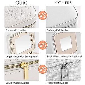 Emibele Travel Jewelry Box with Mirror, PU Leather Small Travel Jewelry Case, Travel Jewelry Organizer for Women Girls, Small Jewelry Travel Case for Rings, Earrings, Necklaces, Bracelet, White