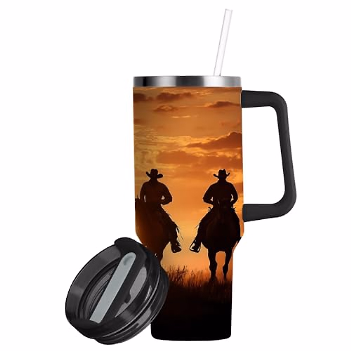 Flradish 30oz Tumbler with Handle, Desert Troops Cowboy under Sunset Stainless Steel Tumbler with Lid and Straws Double Wall Vacuum Insulated Leakproof Coffee Travel Mug