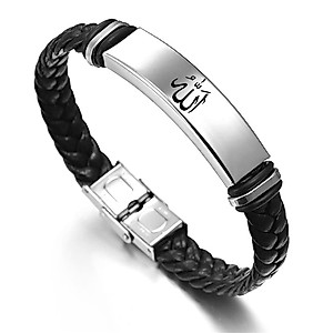 ForeverWill Islamic Allah Leather Bracelet, Religious Islam Name of God Amulet Bangle for Muslim Arab Protection Gifts for Men Women, 8.26 Inch, Black (FW-136-Allah-B)