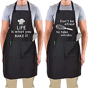 Zulay (2-Pack) Funny Aprons For Women, Men & Couples - Adjustable Universal Fit Cooking Apron - Black Apron With Pockets For BBQ, Baking, Painting, Wedding Gift & More - (Funny Cooking Puns)