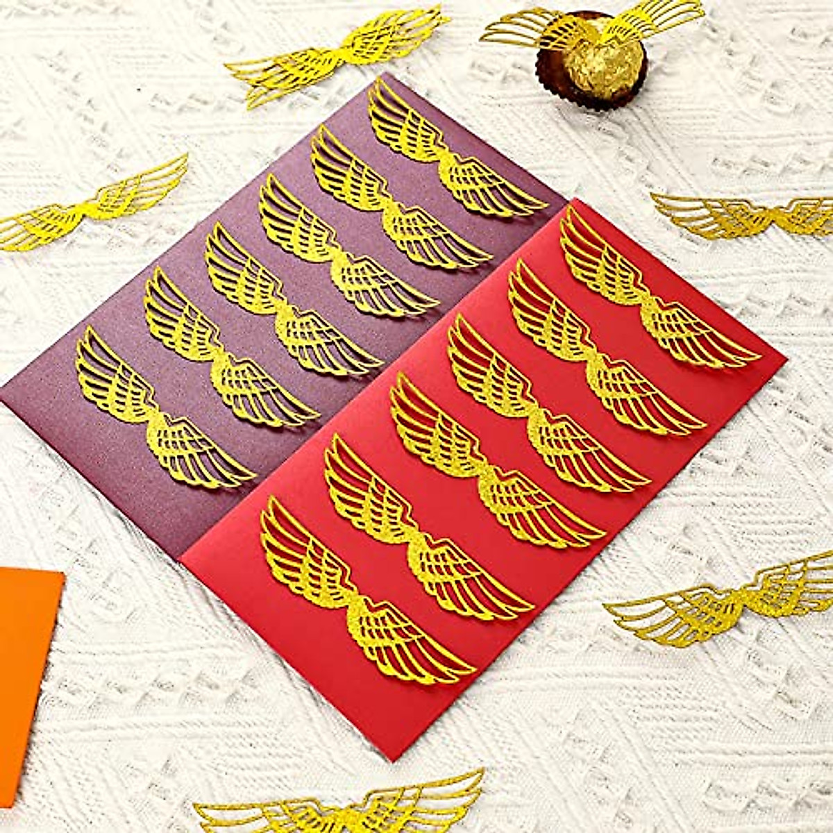 50 Pcs Golden Snitch Wings with Glue Circles Glitter Wizard Party Chocolate Decoration Golden Wings Chocolate Decor Hollowed Party Supplies for Birthday Wizard Theme Party Supplies
