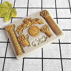 Set of 2 Roman Column Silicone Fondant Mold Greek Marble Pillars Bas Relief Retro European Pattern Clock Gumpaste Chocolate Candy Mold Cake Decorating Tool