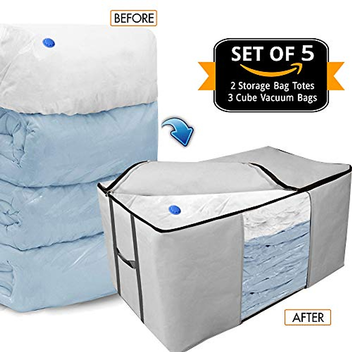 Cube Vacuum Storage Space Bags / Storage Bag Totes with Reusable Cubic Vacuum Compressed Space Saver Bags. Large Capacity Bedroom and Closet Organizing System that Protects Your Comforters, Clothing, Bedding, & More! (X-Jumbo Bundle) (Gray - Set of 5)