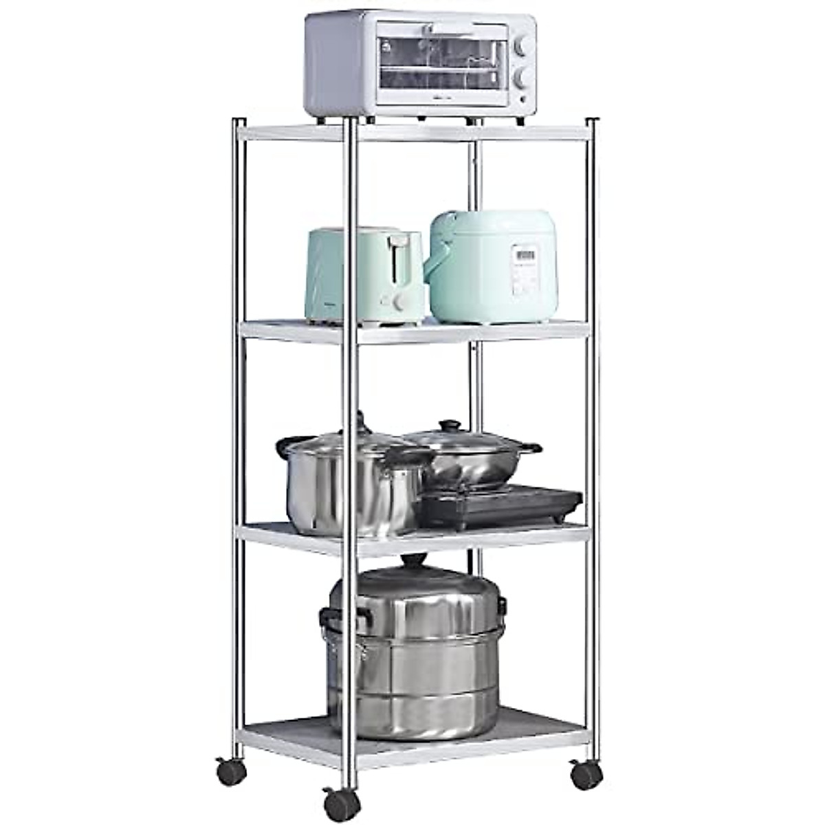 JEPRECO 4-Tier Stainless Steel Shelving Unit with Wheels 15.7" L x 13.8" W x 43.5" H for Narrow Places, Kitchen Baker's Rack Cart for Kitchen Office Home, Multi-Purpose Organizer Rack