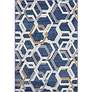 Abani Atlas 5'x8' Blue/Grey Area Rug, Hexagon Design - Durable Non-Shedding - Easy to Clean