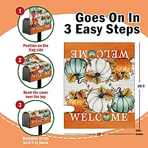 FBCOO Welcome Fall White Teal Pumpkin Mailbox Cover Magnetic Standard Size 20.5" x 18", Autumn Seasonal Decorative Post Letter Box Decor, Thanksgiving Farmhouse Rustic Garden Yard Outdoor Decoration