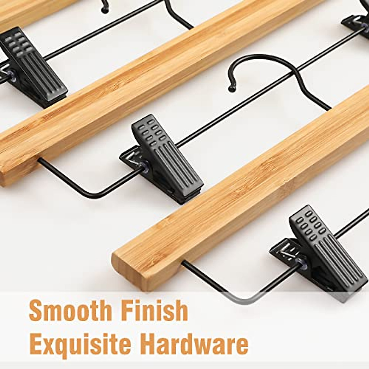 TOPIA HANGER Pants Hangers 10 Pack, Bamboo Clothes Hangers with Black Clips and Rotatable Hook, Durable Natural Wooden Hangers for Skirts, Pants, Jeans, Shorts - CTS04