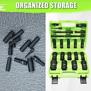 SUNHZ MCKP 20 PCS 1/2" Impact Socket Set, Drive Deep 6 Point Socket Set, Including Standard SAE Sockets (3/8" to 1-1/4"), 3 ", 6", 10" Impact Extension Bar and Drill Socket Adapter, Cr-MO