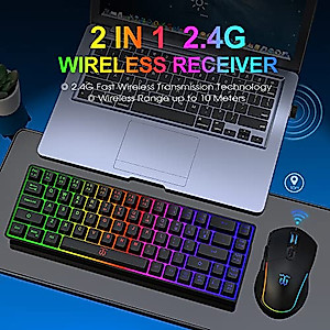 Snpurdiri 60% Wireless Gaming Keyboard and Mouse Combo,LED Backlit Rechargeable 2000mAh Battery,Small Membrane But Mechanical Keyboard + 6D 3200DPI Mice for Gaming,Business Office