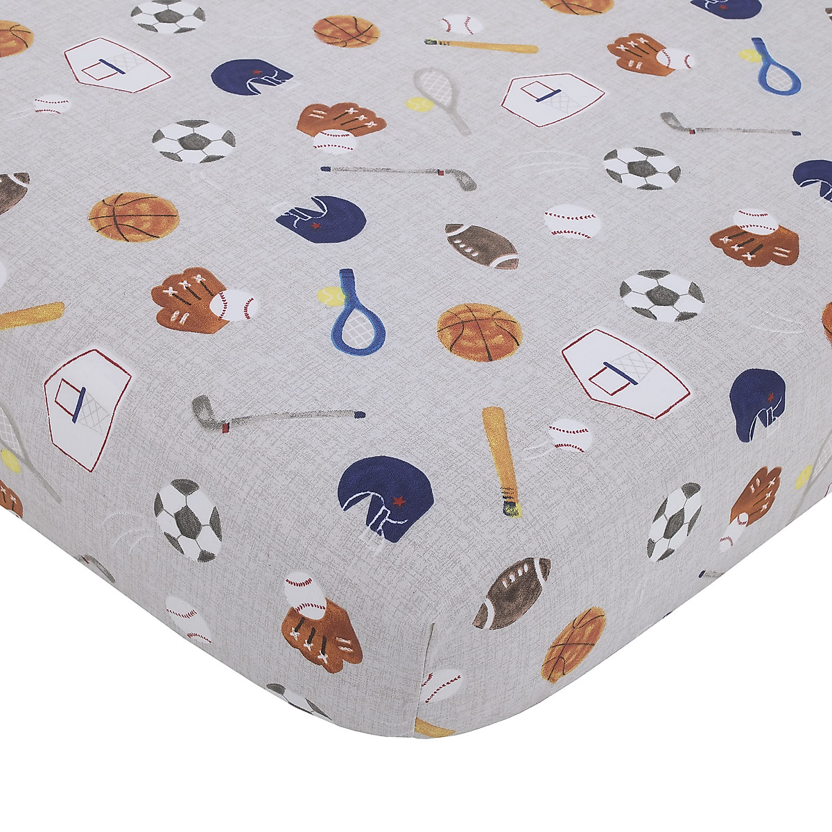 NOJO Team All Star Navy, Grey, and Light Blue, Football, Baseball, Soccer and Basketball, 4 Piece Nursery Crib Bedding Set - Comforter, 100% Cotton Fitted Crib Sheet, Crib Skirt and Storage Tote