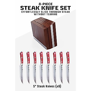 DALSTRONG Steak Knife Set - 8 Piece - 5 inch Straight Edge Blade - Gladiator Series Elite - Forged High-Carbon German Steel Dinner Kitchen Knife - Red ABS Handle - Folding Block Set - NSF Certified