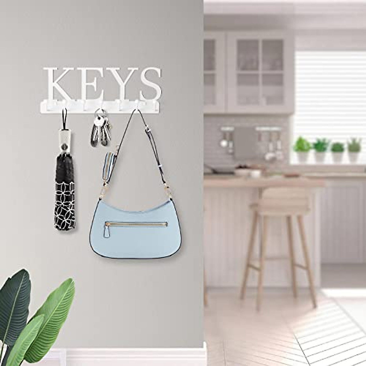 HLWDFLZ Key Holder for Wall - Wall Mounted Key Hangers with 7 Key Hooks, Wall Decorative Organizer Rack for Entryway Mudroom Front Door Kitchen Hallway Office 10 X 4 inches (White Keys)