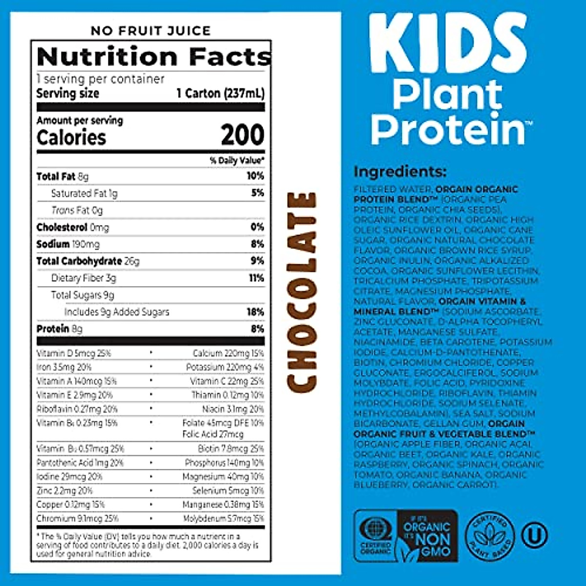 Orgain Organic Kids Vegan Protein Nutritional Shakes, Chocolate - 8g of Protein, Contains Fiber and 23 Vitamins and Minerals, Plant Based, No Gluten or Soy, Non-GMO, 8 Fl Oz (Pack of 12)