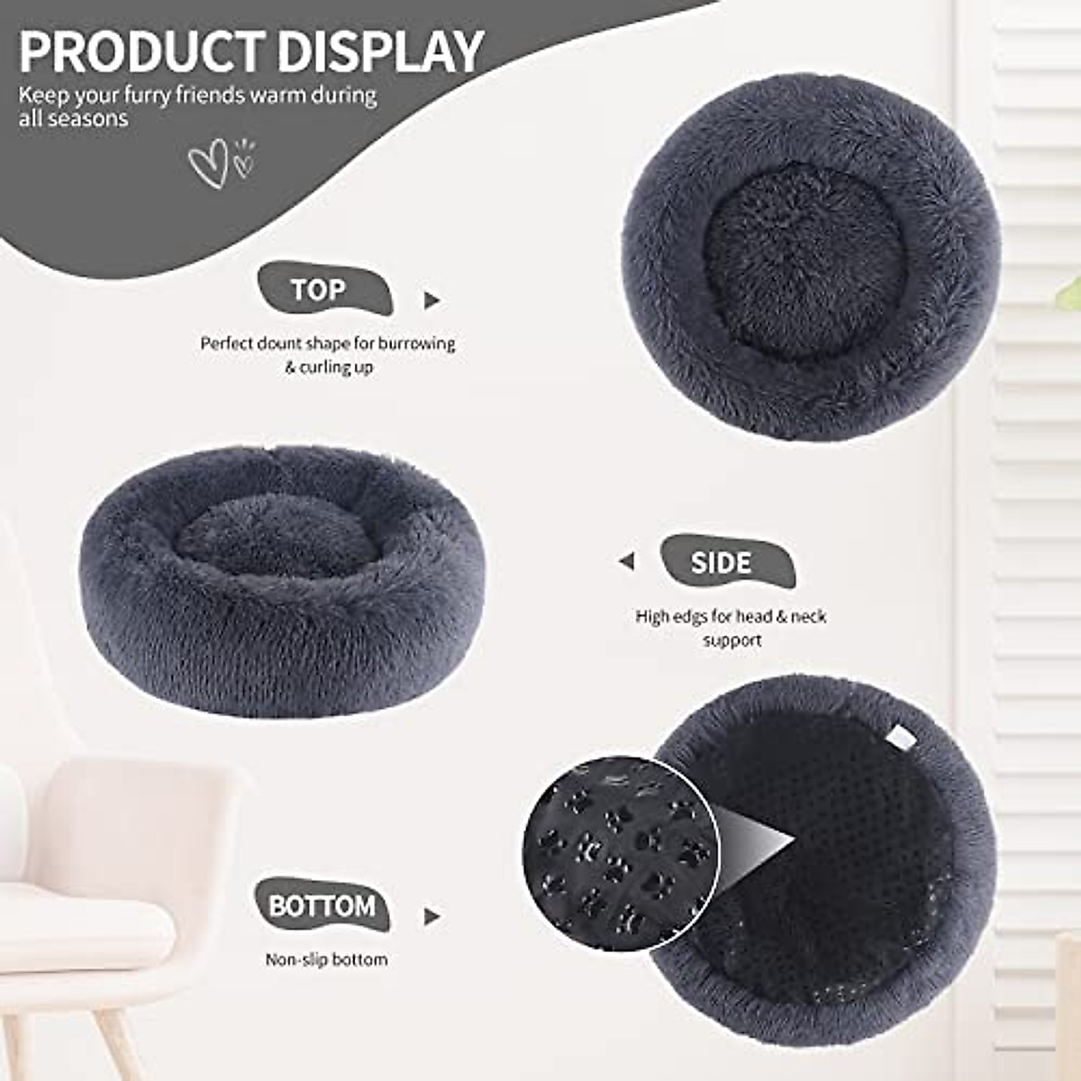 ZEJEUER Cat Bed, Small Dog Bed, Round Donut Washable Plush Fluffy Faux Fur Soft Cushion Beds for Indoor Pets
