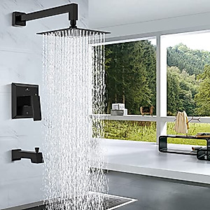 HOMELODY Black Shower Faucet Set Bathroom High Pressure Square Rain Shower Head and Handle Set,Wall Mounted Luxury Rainfall Shower Complete Combo Set,Shower Fixtures (Contain Shower Valve)