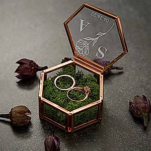 Getname Necklace Custom Hexagon Glass Ring Box with Moss for Wedding Ceremony Birthday Engagement Ring Box for Proposal Bearer Box with Names & Initials Ring Holder Jewelry Ring Boxes Organizer