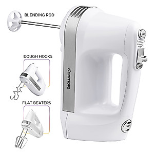 Kenmore 5-Speed Electric Hand Mixer, Beater,Blender, White, 250W Motor, Interchangeable Beaters, Dough Hooks, Liquid Blending Rod, Automatic Cord Retract, Burst Control, Clip-On Accessory Storage Case
