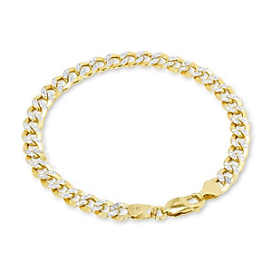 Nuragold 14k Yellow Gold 7mm Cuban Chain Curb Link Diamond Cut Pave Two Tone Bracelet, Mens Womens Jewelry 7" 7.5" 8" 8.5" 9"