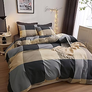 VClife Cotton Duvet Cover Queen, Modern Beige Black Grey Grid Printed Bedding Sets, 3 PCS Simple Queen Size Geometric Duvet Cover for All Season, Zipper Closure & Corner Ties, Easy Care, Breathable