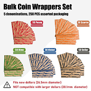 NATURALABEL 250 Assorted Flat Coin Wrappers, 50 Each of Quarters, Dollars, Dimes, Nickels, Pennies, Coin Striped Kraft Packing