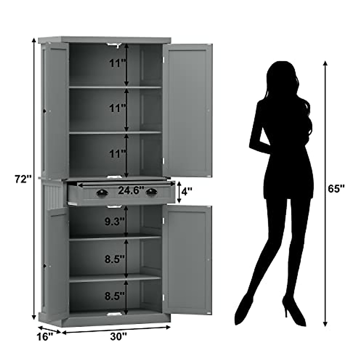 Function Home 72" Kitchen Pantry Cabinet, Tall Storage Cabinet, Freestanding Cupboard with Drawer and Adjustable Shelves, Pantry Cabinets for Kitchen Bathroom Living Room, Grey