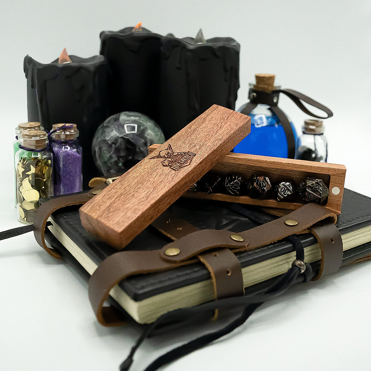 TINY GREMLIN – Cherry Wood Single Set Dice Storage Case with Magnetic Lid - Box Holds 7 Polyhedral (Metal, Resin, or Plastic) Dungeons and Dragons (DND-D&D) Role Playing Games (RPGs) Pathfinder etc.