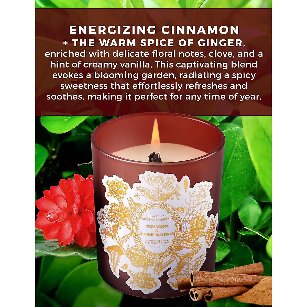Cinnamon Ginger Blossom Wood Wick Scented Candle | Big Candle for Home Decor 10.6 oz Scented Soy Candle, Relaxing Candles for Women and Men, Aromatherapy Candle Gift