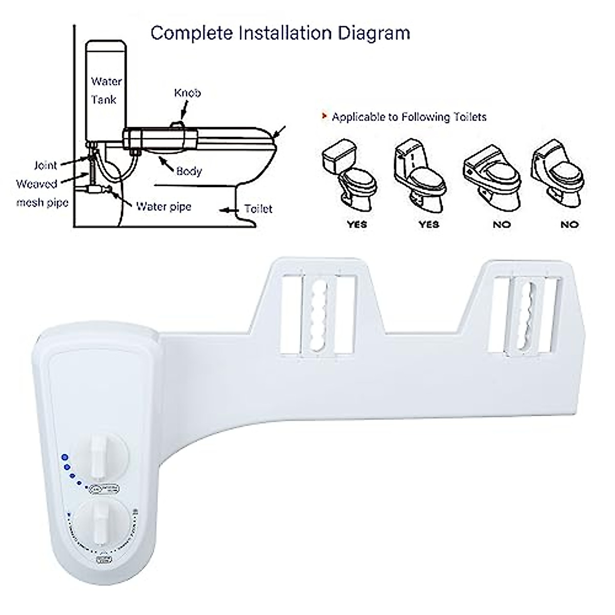 Bidet Toilet Seat Attachment, Self - Cleaning Nozzle, Dual Nozzle Adjustable Water Pressure Cold Water Toilet Bidet Nozzle Non Electric (9/16)