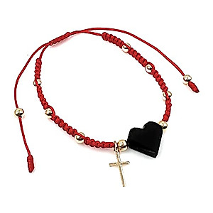 LESLIE BOULES Red Thread Genuine Heart Azabache Bracelet with Tiny Gold Plated Catholic Cross Handmade Jewelry