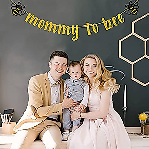 Gold Glitter Mommy to Bee Banner / Bumble Bee Theme Baby Shower Party Supplies / New Mom Gender Reveal Party Decorations