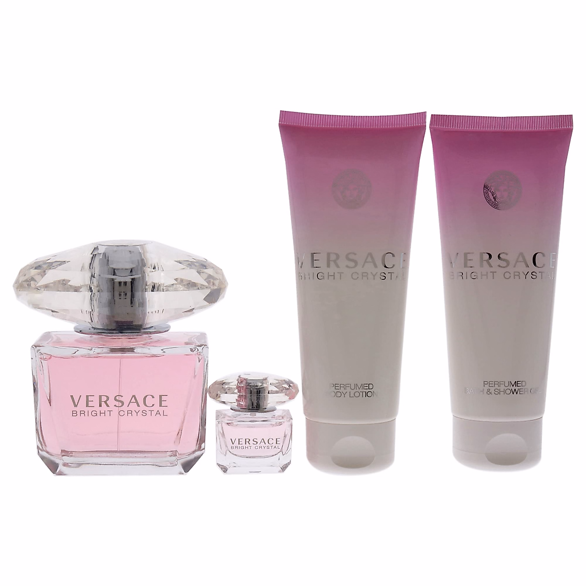Versace Versace Bright Crystal 3oz EDT Spray, 3.4oz Perfumed Body Lotion, 3.4oz Perfumed Bath and Shower Gel, 5ml EDT Splash Mini Women 4 Pc Gift Set, Packaging May Vary