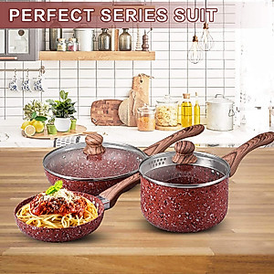 KOCH SYSTEME CS Nonstick Cookware Set - Saucepan and Frying Pans/Skillets Set, Induction Cooker Compatible, Red Stone-Derived Nonstick Coating & Cool-to-Touch Bakelite Handle, PFOS PFOA Free, 5 Piece